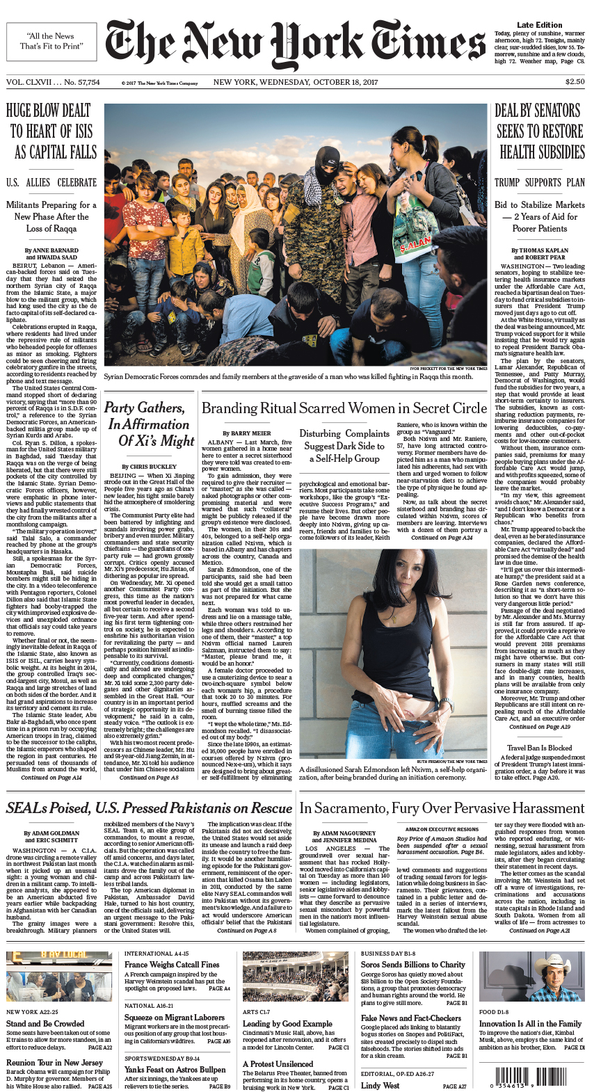 New York Times Front Page Oct 18, 2017 - Frank Report